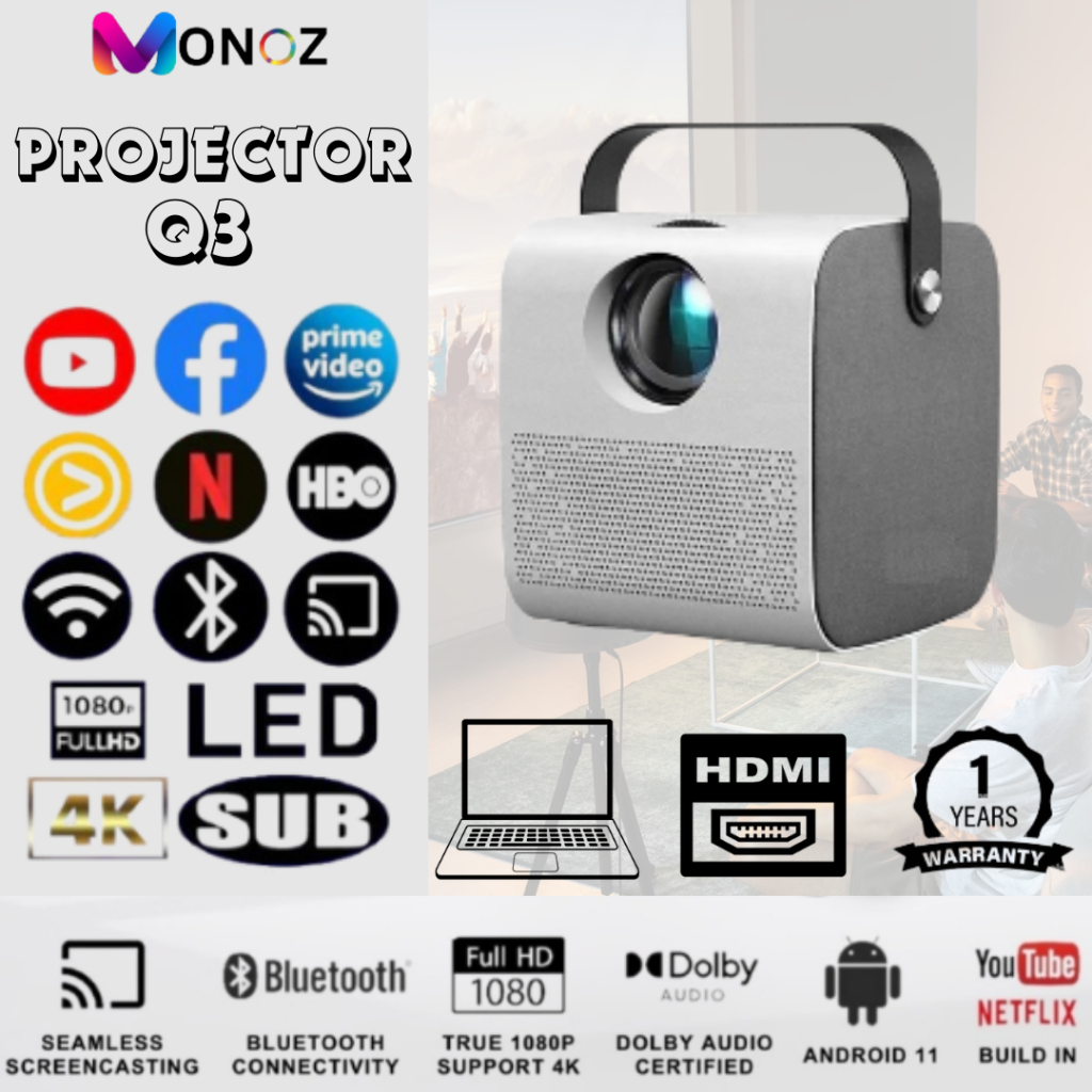 Máy chiếu MONOZ Q3 Pro Android Projector WIFI LED LCD 4K HD 1080p 8000 ...