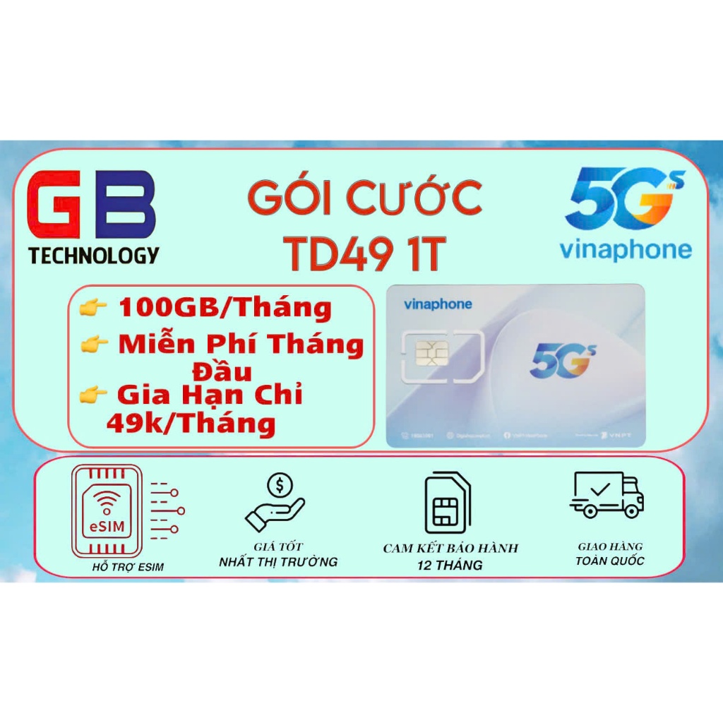 Sim 4G 5G Vinaphone gói cước TD49 - 1T ,100GB /tháng , miễn phí đăng kí tháng đầu , gia hận chỉ ...