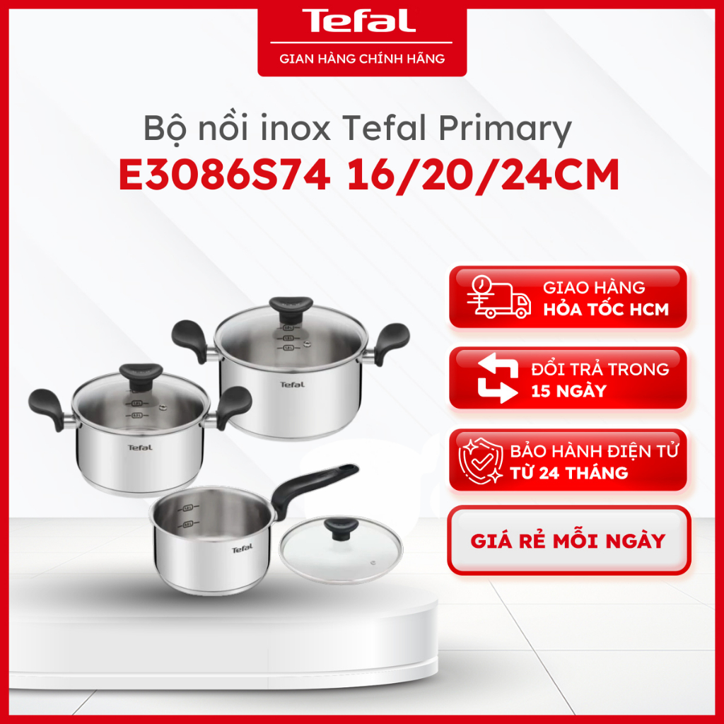Bộ nồi inox Tefal Primary 16/20/24cm (E3086S74) - Bảo hành chính hãng 24 tháng [HOẢ TỐC HCM ...