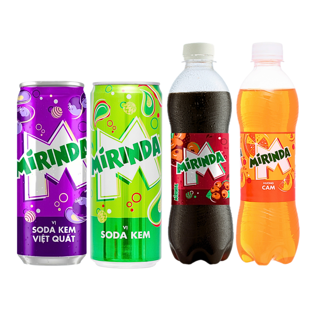 Nước ngọt Mirinda vị cam/xá xị/soda kem/việt quất lon 320ml và chai ...