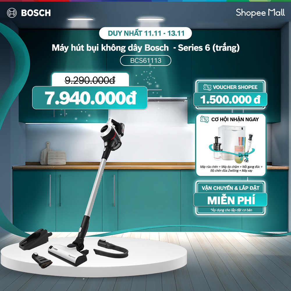 [Voucher Shopee giảm đến 3TR] Máy hút bụi không dây Bosch BCS61113 - Series 6 (trắng đen) - Hàng ...