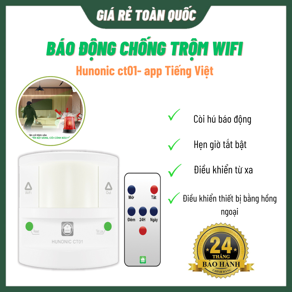 Thiết bị báo động chống trộm Hunonic CT01, chuông báo khách phát hiện chuyển động có còi hú ...
