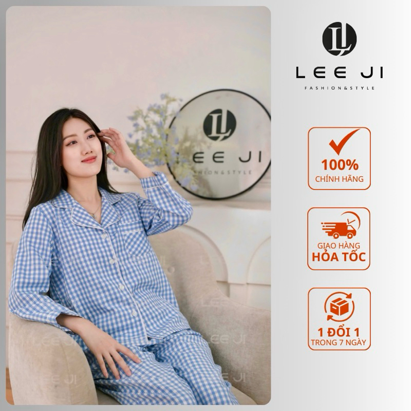 LEE JI - Bộ Pijama Nữ Mặc Nhà Mùa Đông Dài Tay Kẻ Caro Xanh Trắng, Bộ Ngủ Nữ Chất Cotton Thô Mềm ...