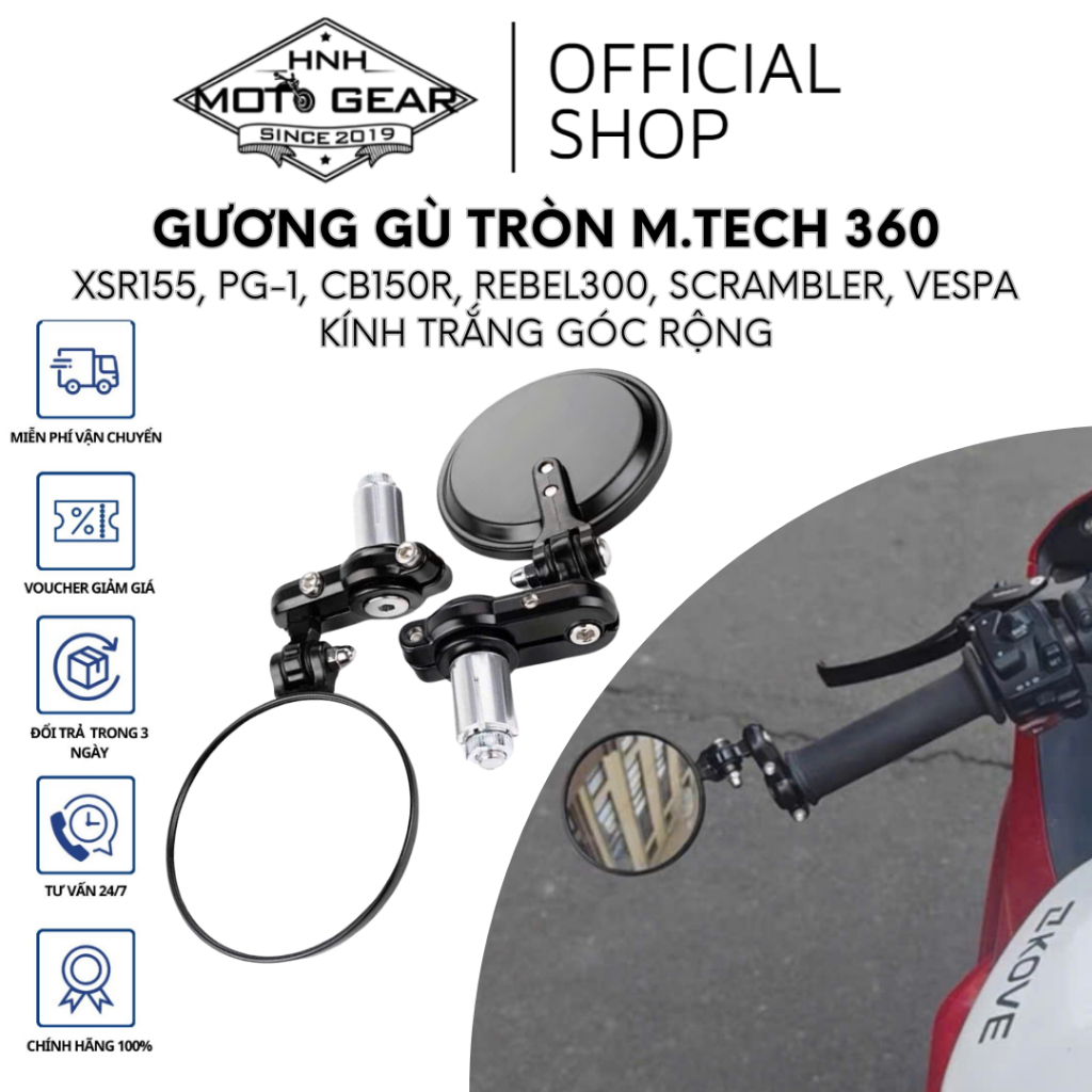 Gương Gù Tròn M.Tech 360 Kính Trắng Góc Rộng Cho XSR155, PG-1, CB150R, REBEL300, Vespa Sprint ...
