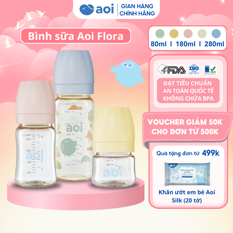 Bình sữa cho bé Aoi Flora chất liệu PPSU cao cấp an toàn hiện đại chống đầy hơi giúp bé không bị ...