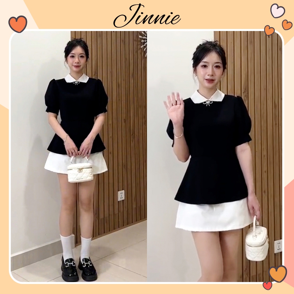 Set áo sơ mi chân váy Jinnie Boutique áo sơ mi nữ tay ngắn kèm tag nơ đá mix chân váy ngắn ...