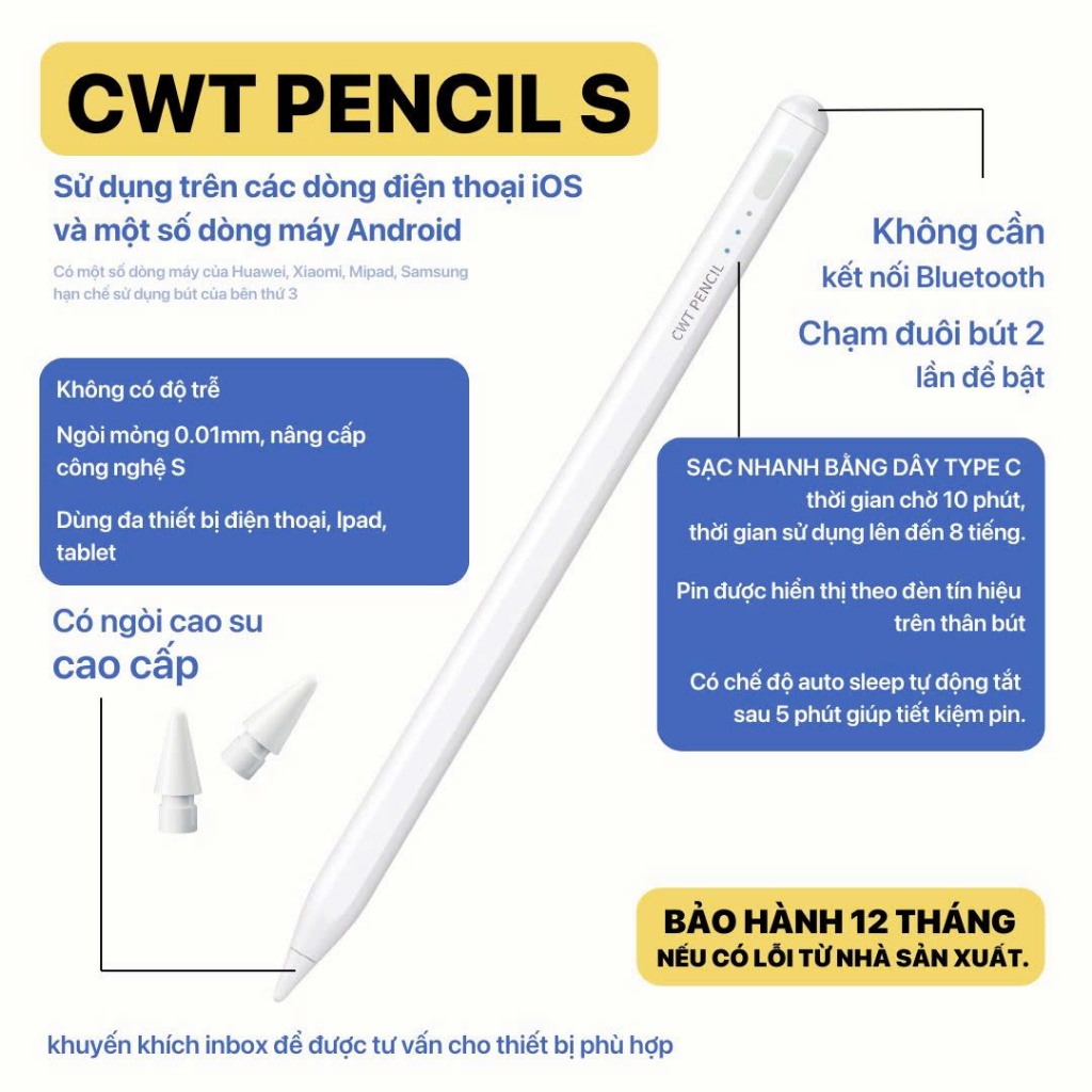 [CHỈ HỖ TRỢ TRÊN ĐT] Bút cảm ứng CWT PENCIL S hỗ trợ các dòng điện thoại/máy tính bảng hệ điều ...