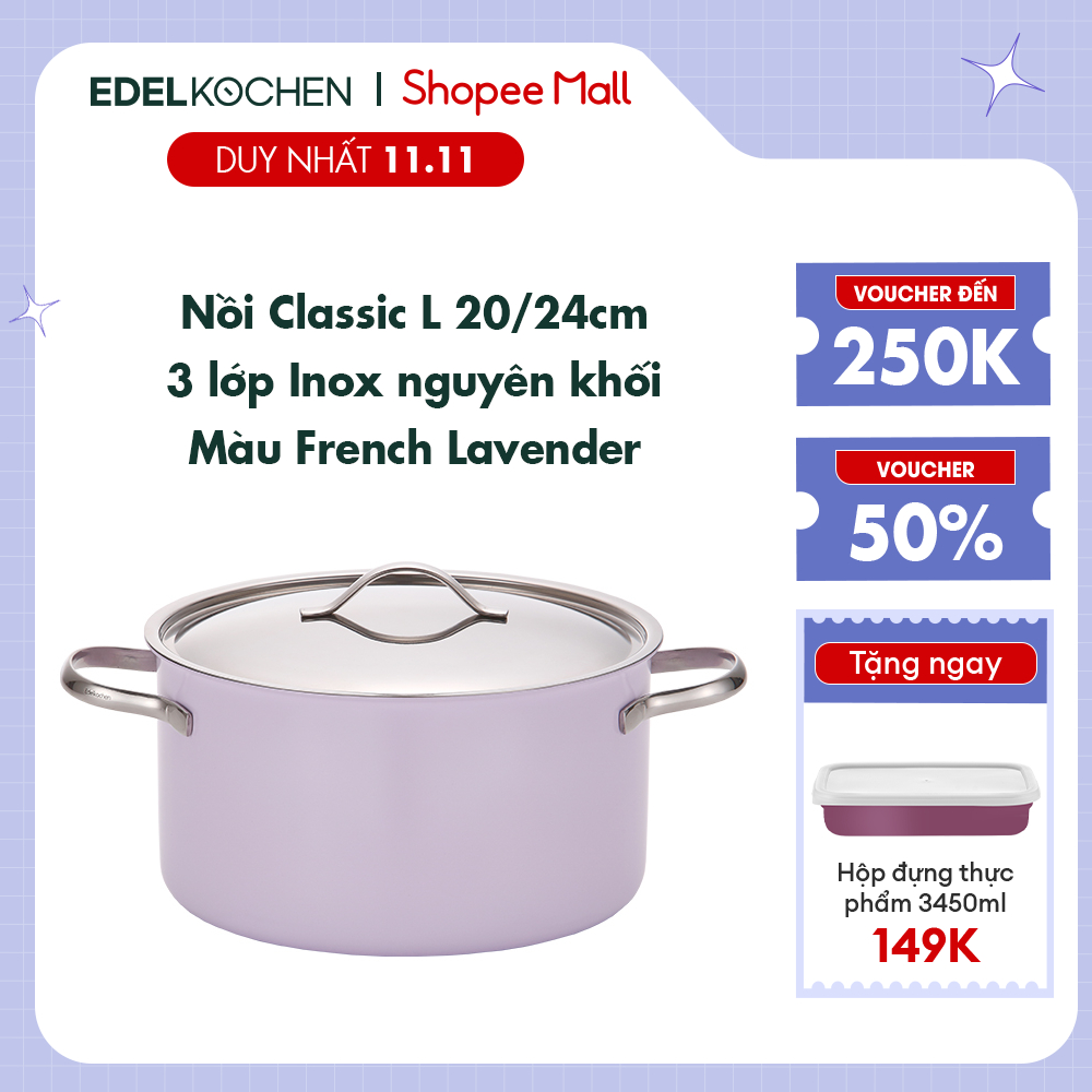 Nồi inox 3 lớp nguyên khối Edelkochen Classic L Collection size 20,24cm – Màu French Lavender ...