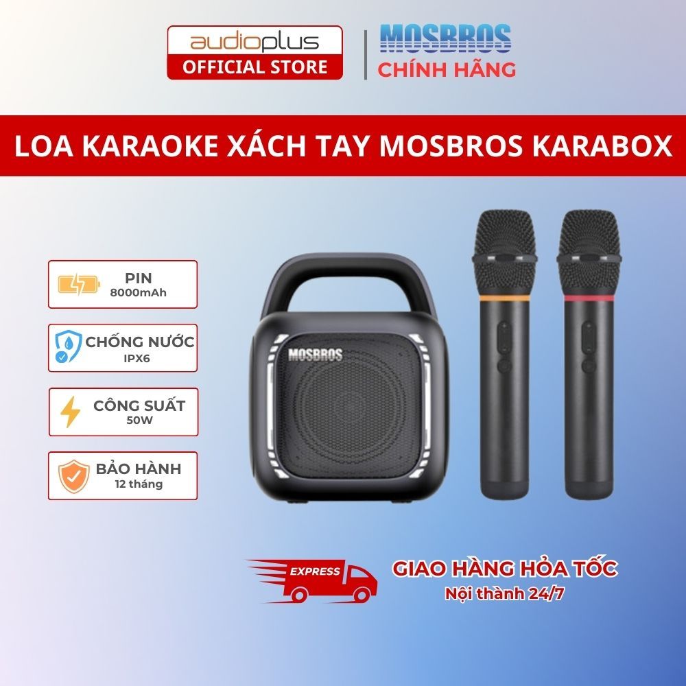 Loa karaoke mini MOSBROS Karabox - 50W - Tích hợp 2 mic không dây - Pin ...