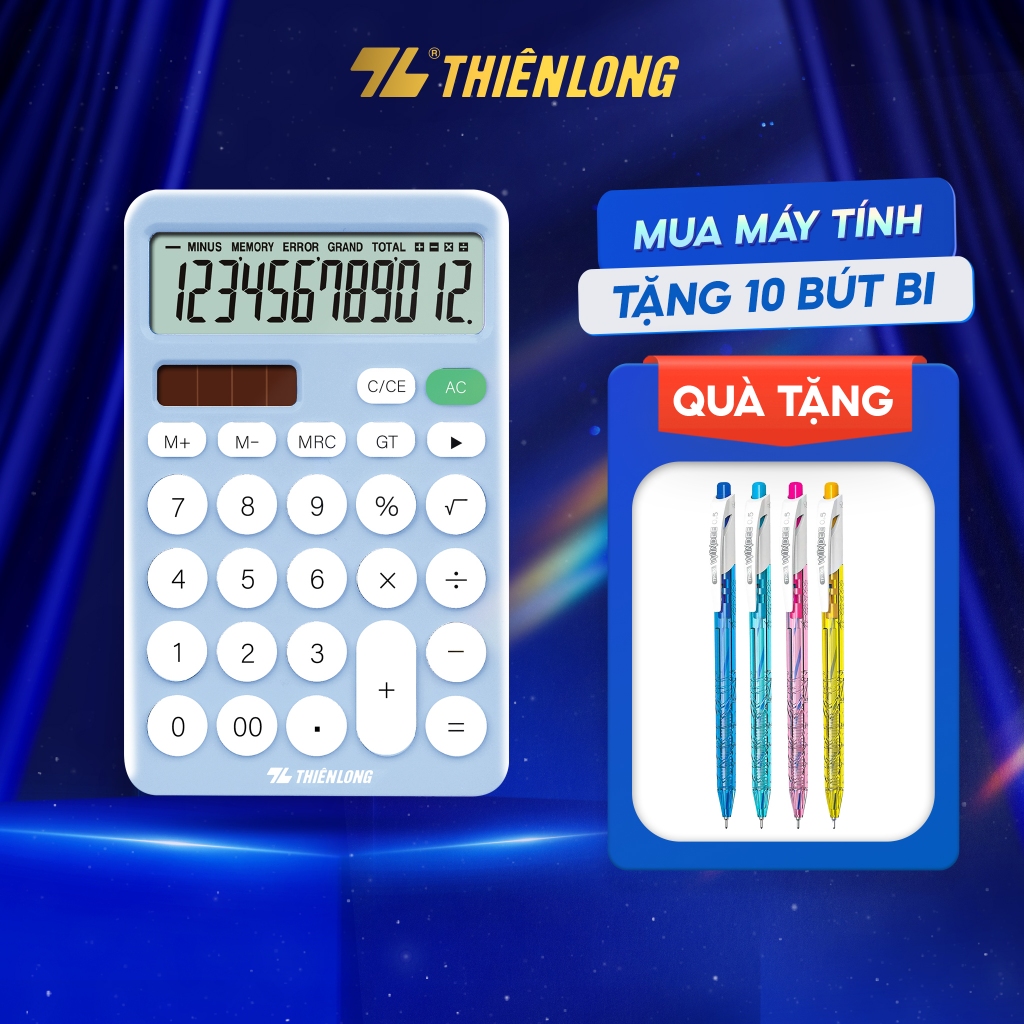 Máy tính văn phòng Thiên Long Flexio CAL-008 - Màn hình LCD 12 số, dùng pin và năng lượng mặt ...