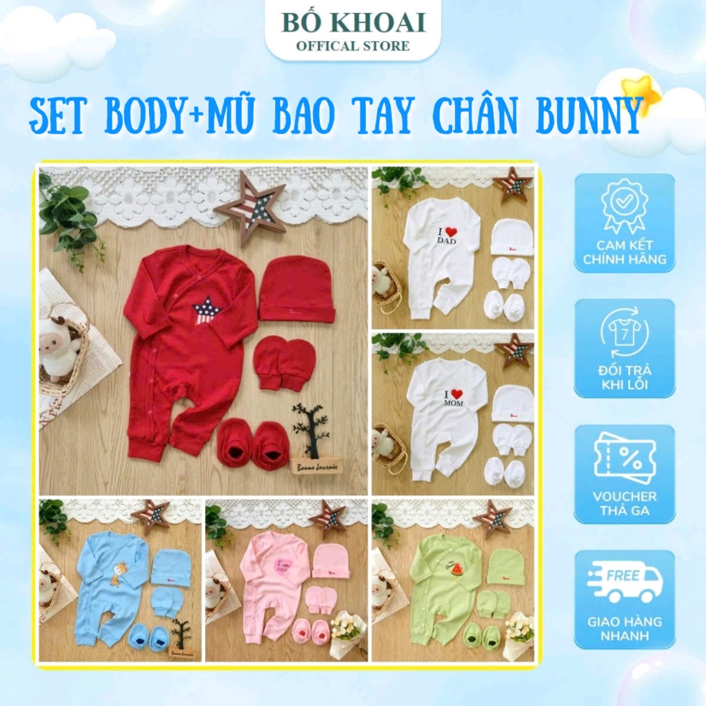 Set Body dài tay Body sơ sinh thu đông BUNNY 4 chi tiết - Body Mũ Bao ...