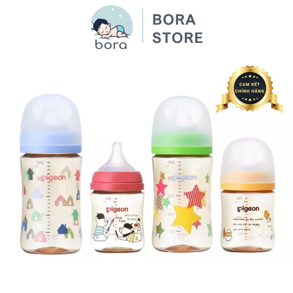Bình sữa Pigeon PPSU Plus cổ rộng cao cấp chống đầy hơi nhiều họa tiết dung tích 160ml/240ml ...