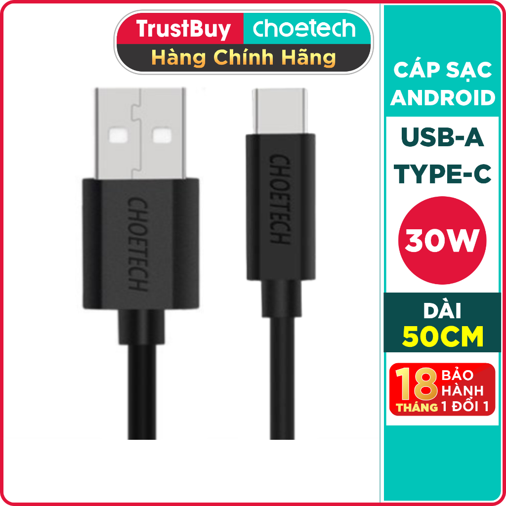 Dây Cáp Sạc Điện Thoại USB to Type C 30W Dài 50cm CHOETECH AC0001 ...