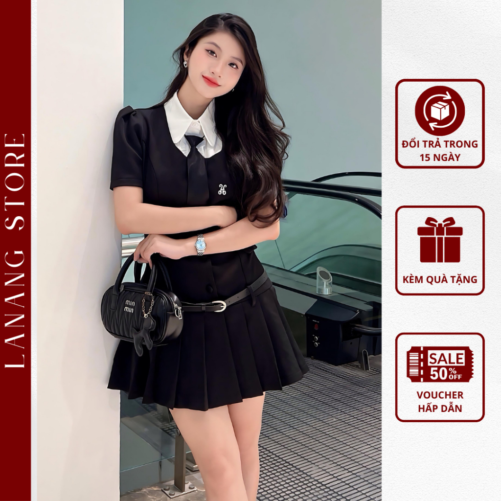 Set 4 món váy tay cộc chân xếp ly kèm cổ sơ mi LaNang kèm thắt lưng ...