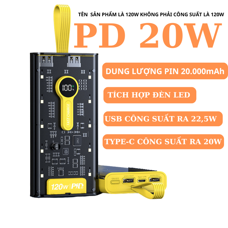Sạc dự phòng trong suốt 120W 30.000mAh, Sạc Nhanh Chuẩn PD, Có 4 Cáp ...