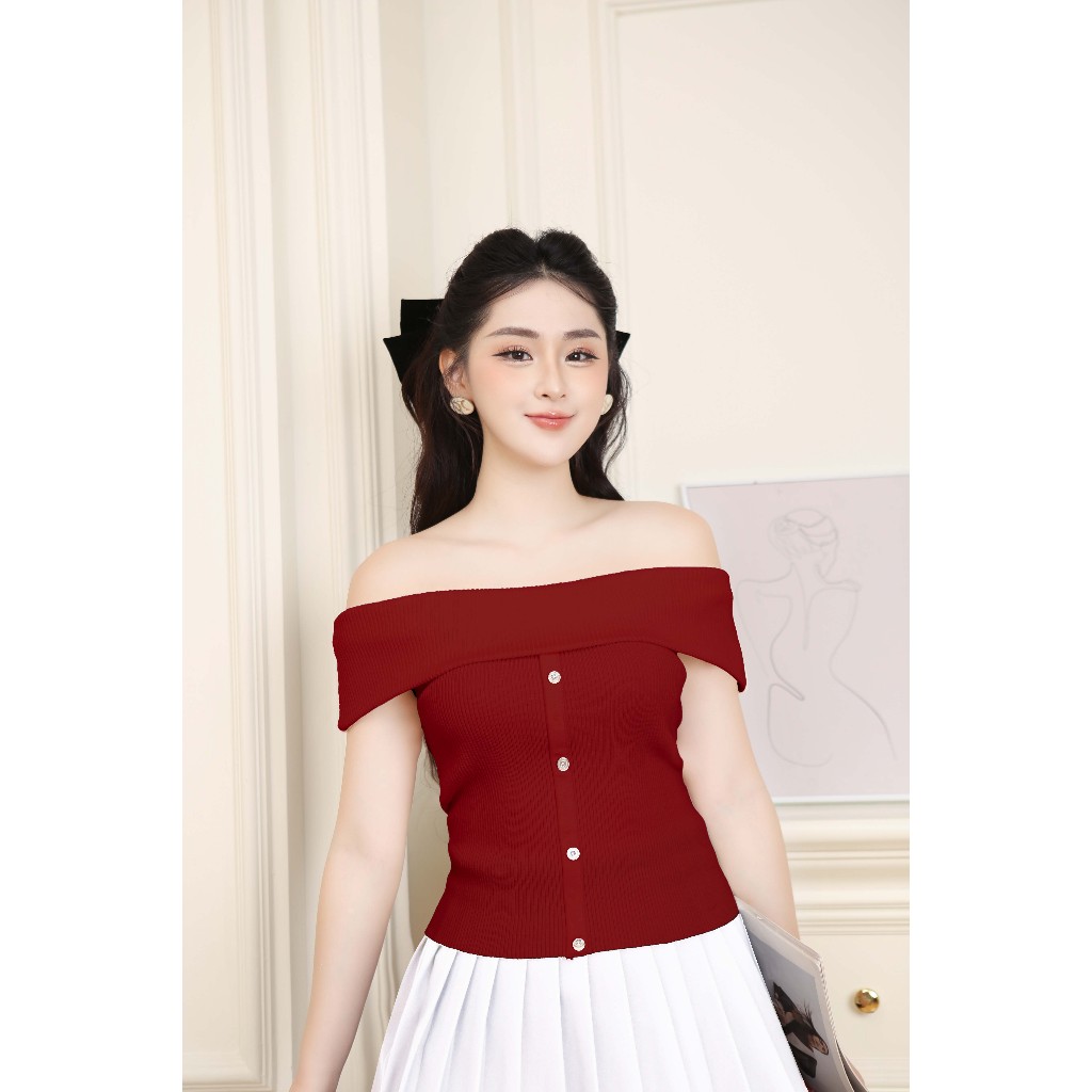 Áo len nữ trễ vai ngang chất len dệt dệt kim cao cấ.p co giãn thoáng ...