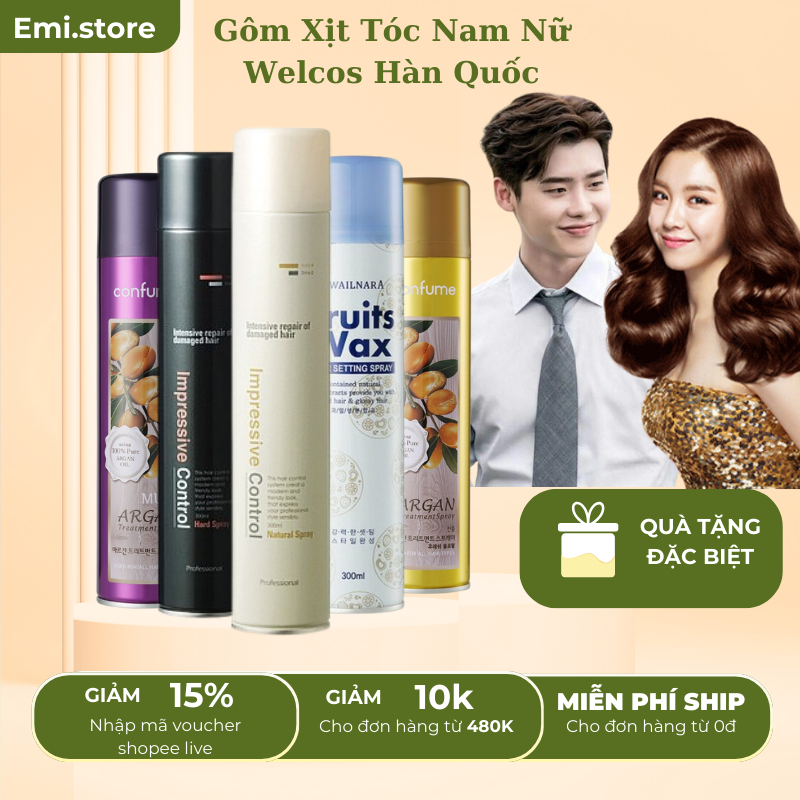 Gôm xịt tóc mềm giữ nếp tóc Welcos Mugens, keo xịt giữ nếp tóc mềm dưỡng tóc tự nhiên 300ml ...
