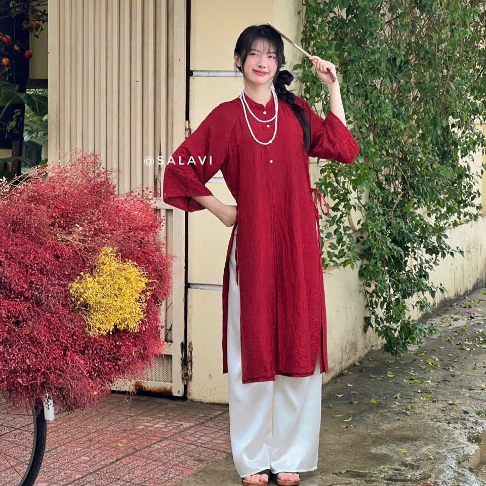Áo dài tứ thân vải đũi tơ phối cúc gỗ, áo dài cách tân kèm dây buộc nơ ...