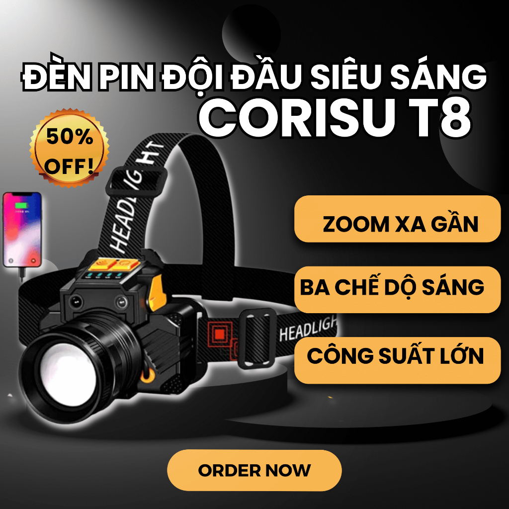 Đèn pin đội đầu siêu sáng, đèn pin siêu sáng Corisu T8 siêu led chiếu xa 200m zoom xoay cơ học ...