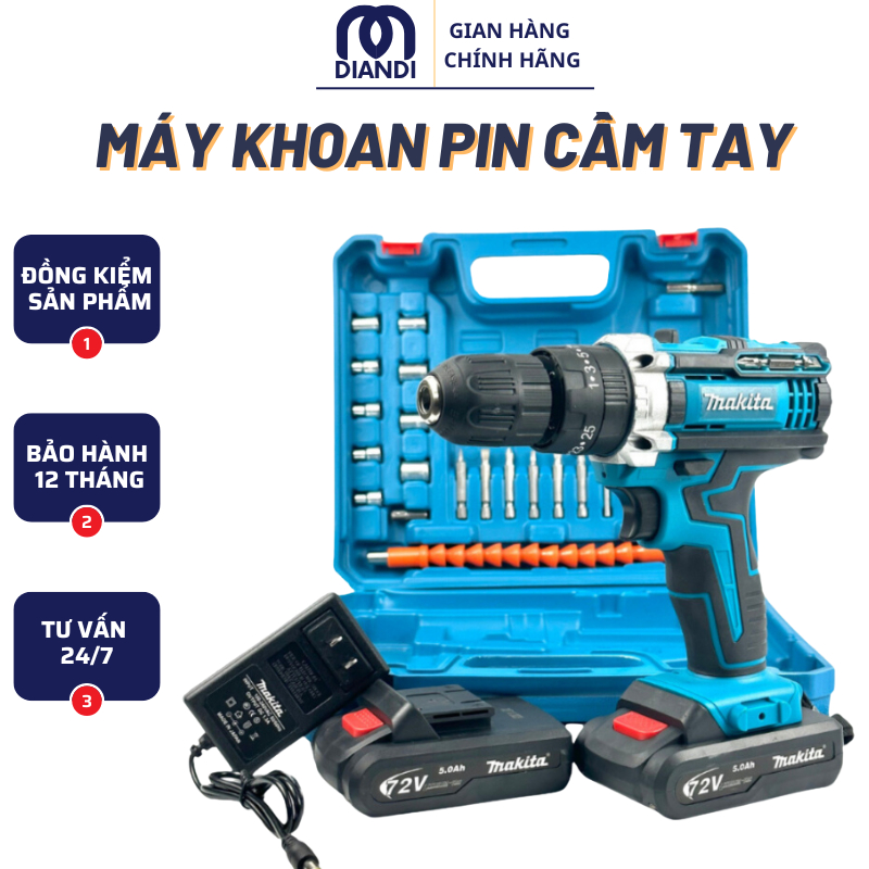 Máy Khoan Pin Cầm Tay Makita 72V, 3 Chức Năng Khoan Tường, Bắt Vít ,Khoan Sắt ,Tặng Kèm Bộ Phụ ...