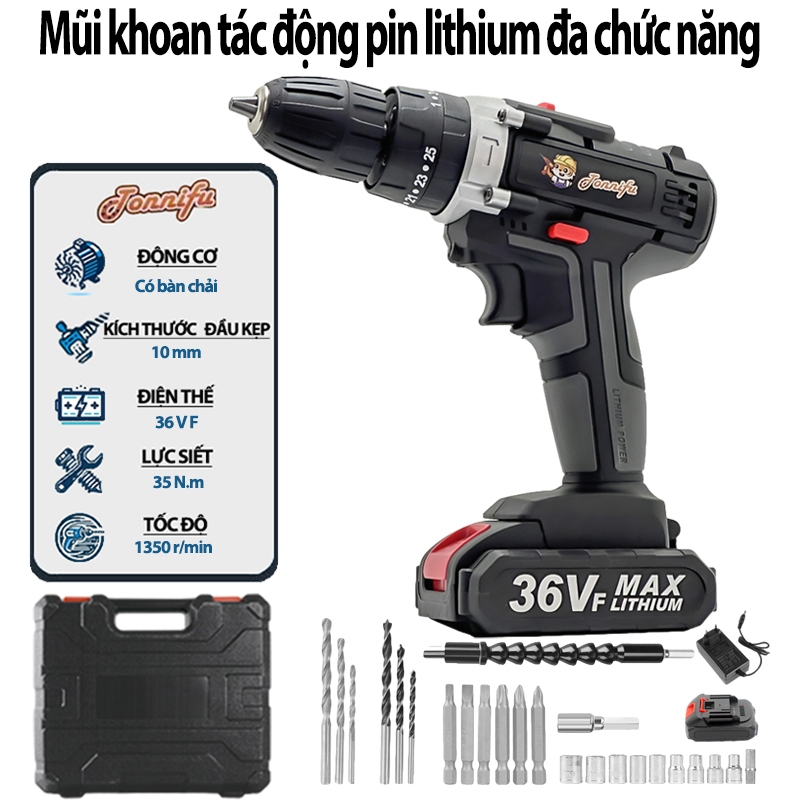 Máy khoan pin Tonnifu 3 chức năng có búa khoan bắt vít, đầu kẹp 10mm, ruột đồng 100%, 2105 kèm ...