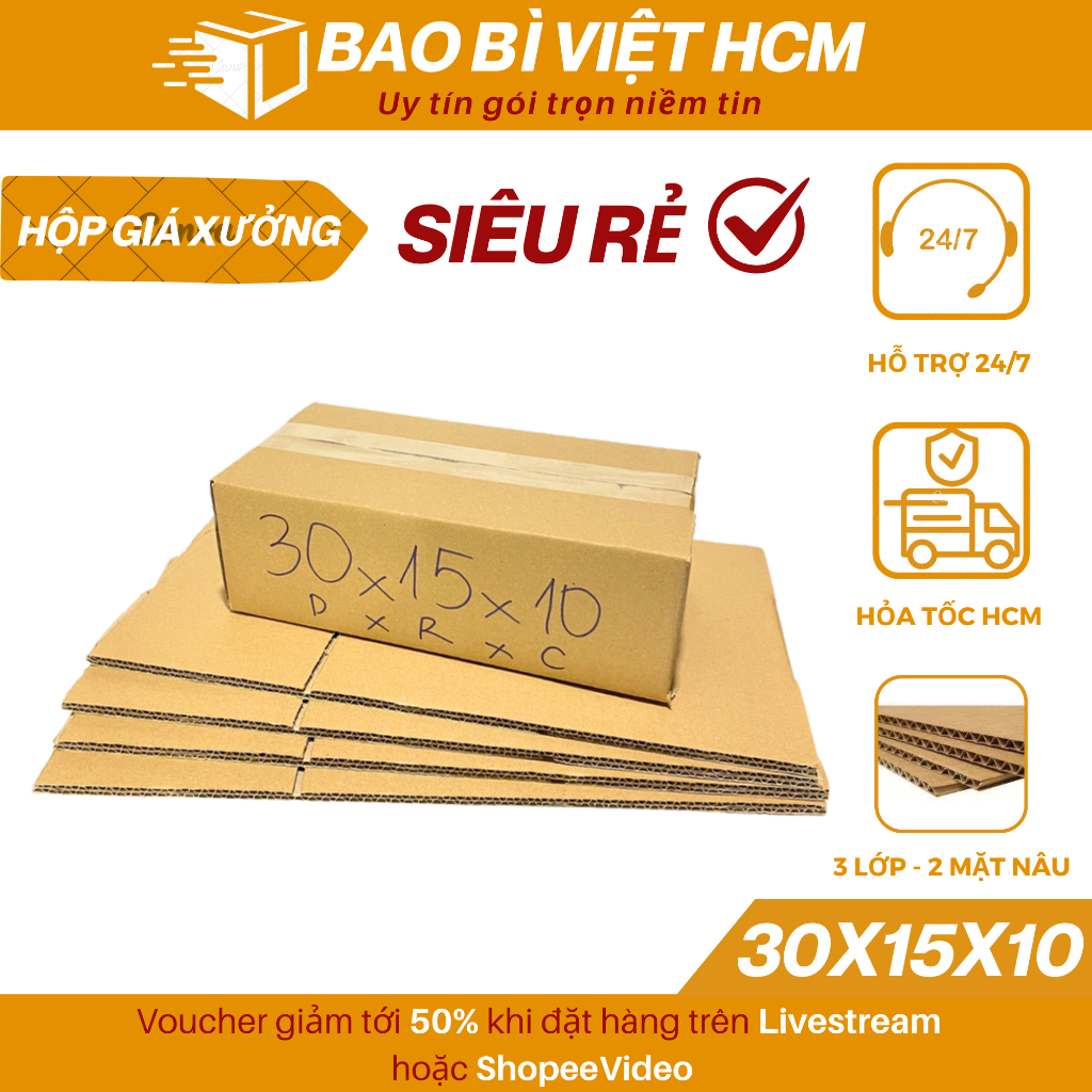 Combo 10 30x15x10 Hộp carton đóng hàng thùng bìa gói hàng, hộp shipcod ...