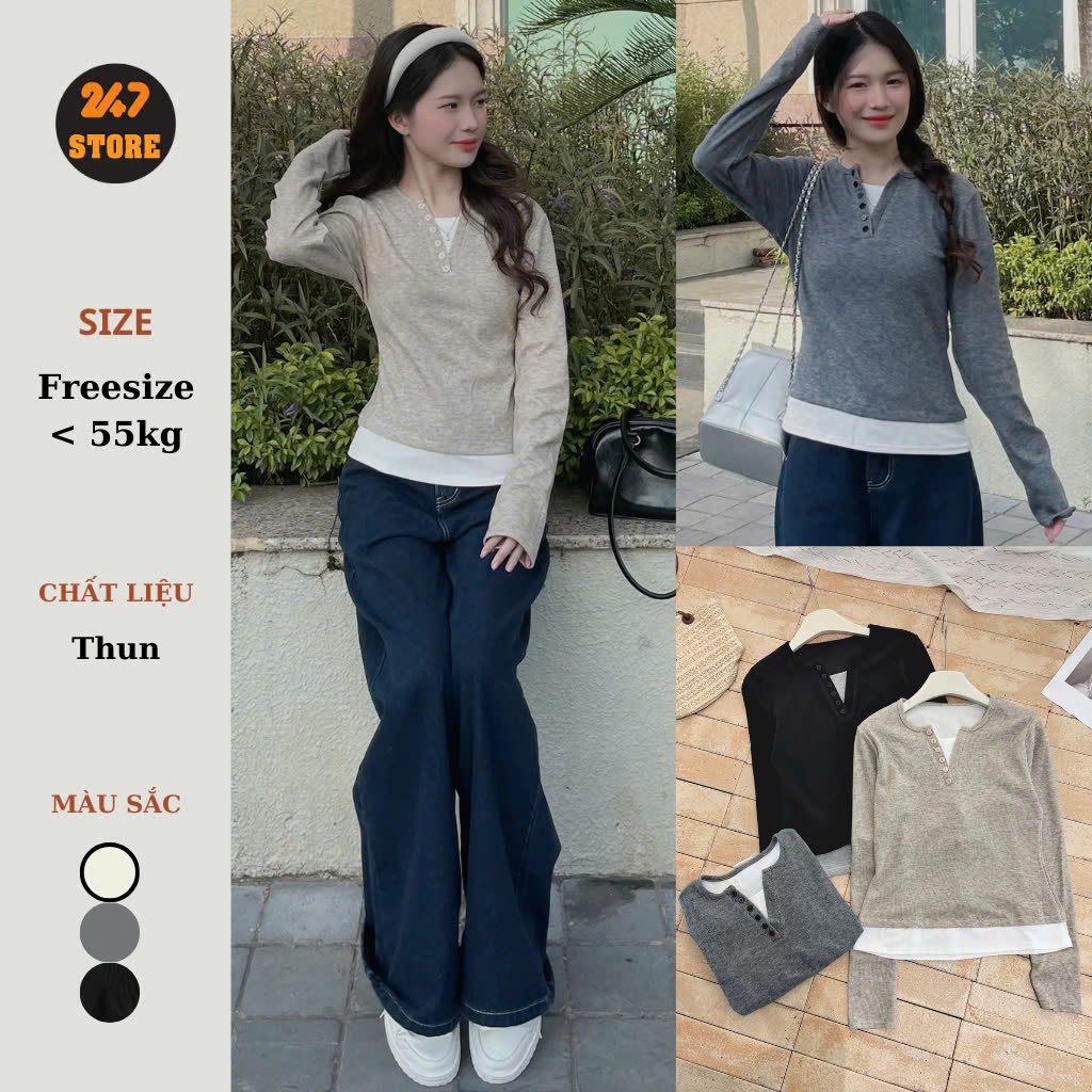 247store - Áo Thun Dài Tay Khuy Dọc Phối Viền Trắng AThunkhuy322 | Shopee Việt Nam