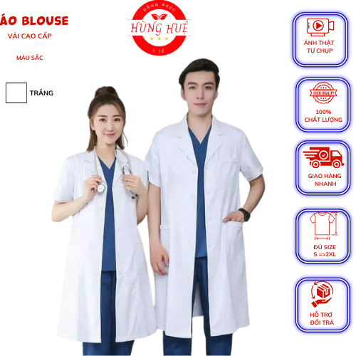 Áo Blouse trắng dáng dài cộc tay áo lab cho bác sĩ, dược sĩ, spa, thẩm ...