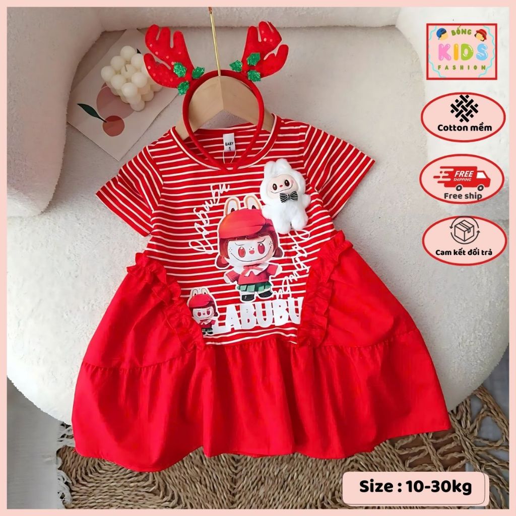 Váy đầm Noel labubu dáng xòe sọc đỏ kèm băng đô và gấu diện giáng sinh ...