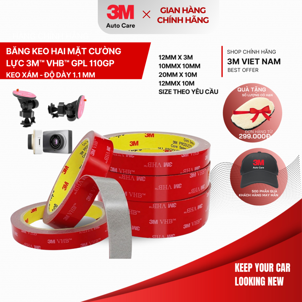 Băng Keo 2 mặt cường lực 3M™ VHB GPL-110GF 1.1mm- màu xám- Dán vè mưa,Logo, Đồ chơi xe, vật dụng ...