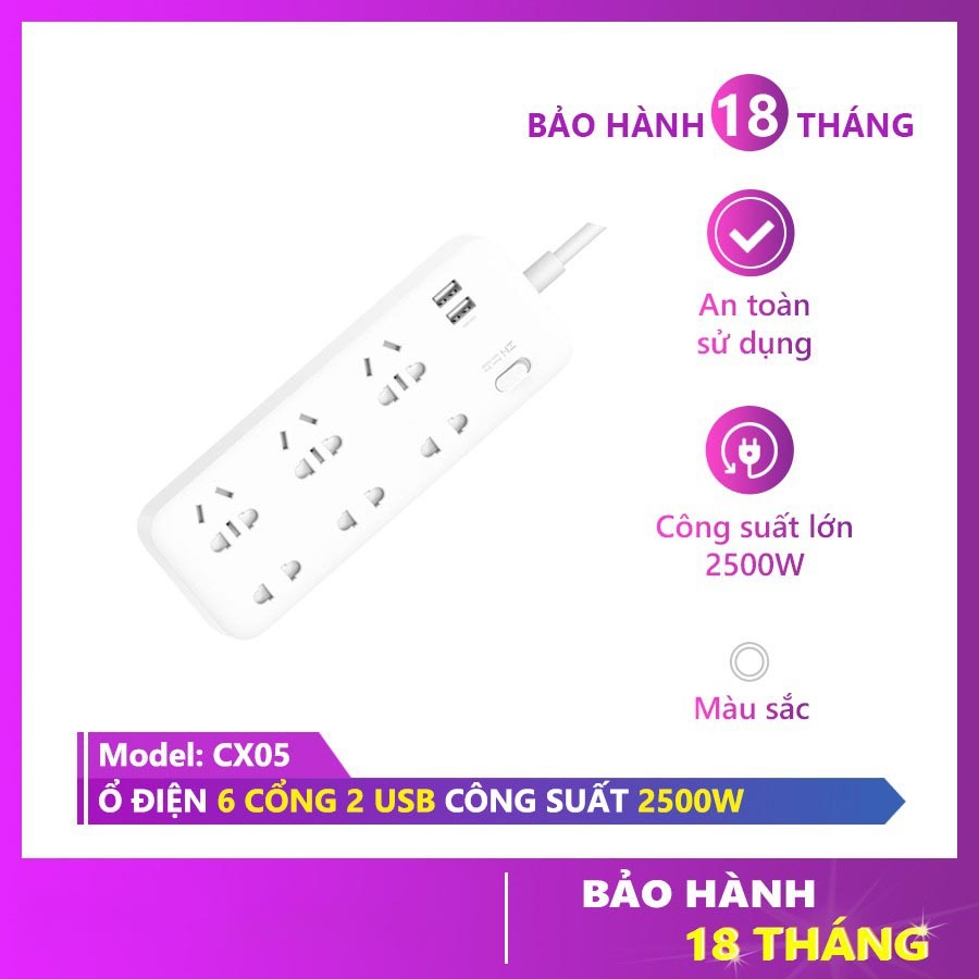 Ổ Điện ZMI CX05 6 Cổng 2 USB 2500W | Bảo Hành 18 Tháng | Shopee Việt Nam