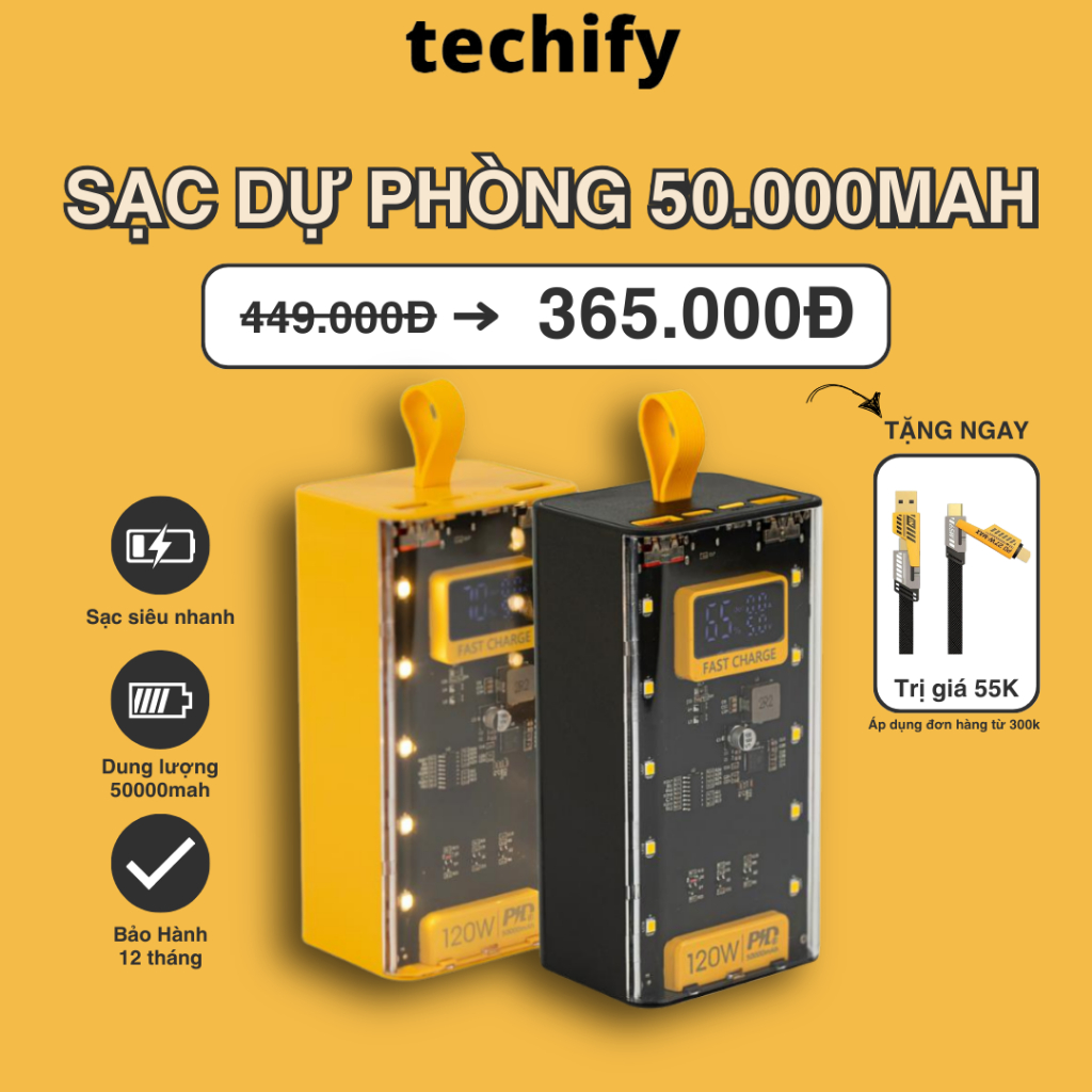Sạc Dự Phòng TECHIFY PK50K 50.000mah Sạc Nhanh PD20W Tích Hợp 4 Cổng Sạc Bảo Hành TECHIFY ...