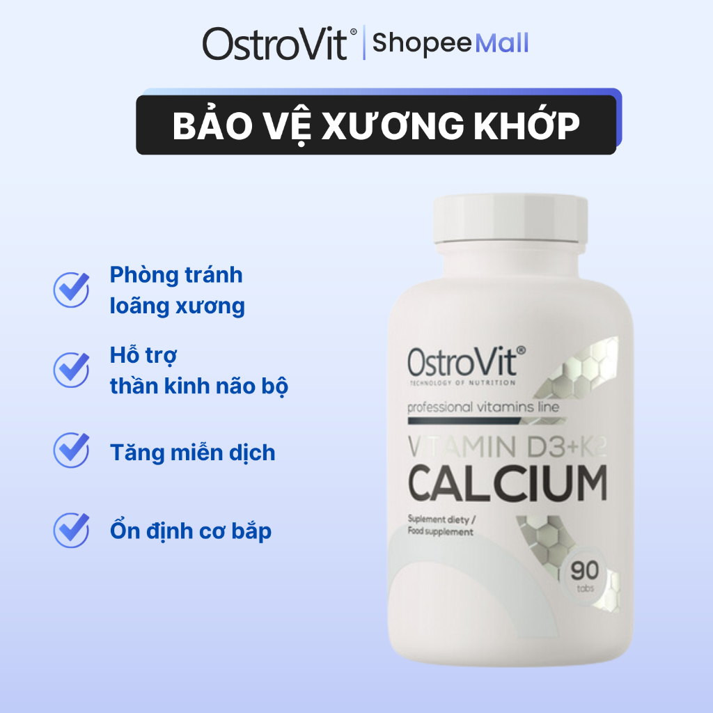 Viên uống OstroVit Vitamin D3 + K2 + Calcium, 90 viên, nhập khẩu Ba Lan ...