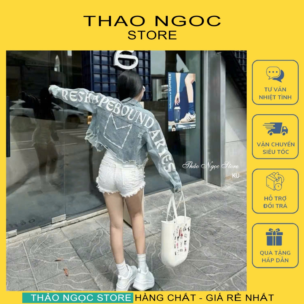 Áo khoác jean nữ croptop tay dài line rách tua lưng thêu chữ! (có sẵn ...