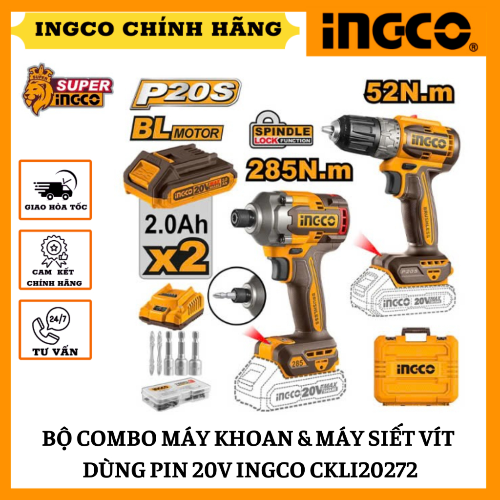 Bộ combo Máy khoan & máy siết vít không chổi than dùng pin 20V INGCO ...