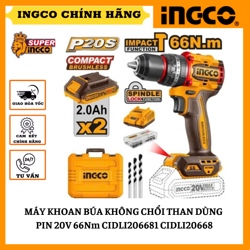 Máy khoan búa không chổi than dùng pin 20V 66Nm INGCO CIDLI206681 CIDLI20668 hàng chính hãng ...