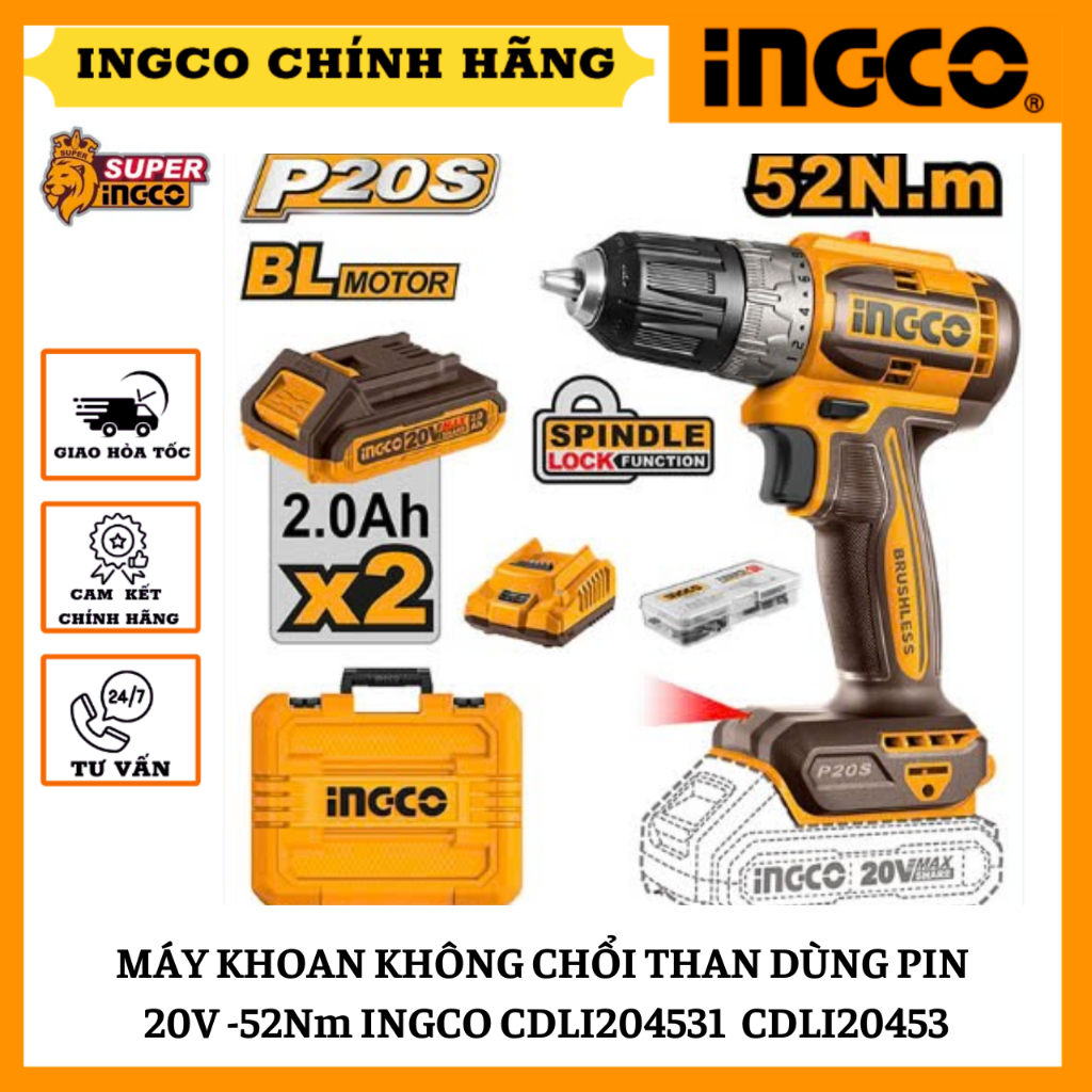 Máy khoan mô tơ không chổi than dùng pin 20V- 52Nm INGCO CDLI204531 ...