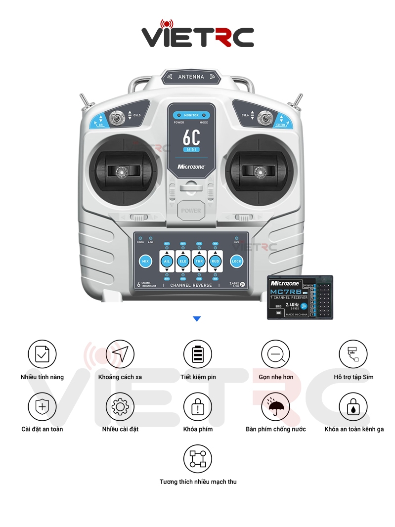 Tay điều khiển (Tx) Microzone 6 kênh 6C Mini và Rx (mạch thu) MC7RB v2 ...