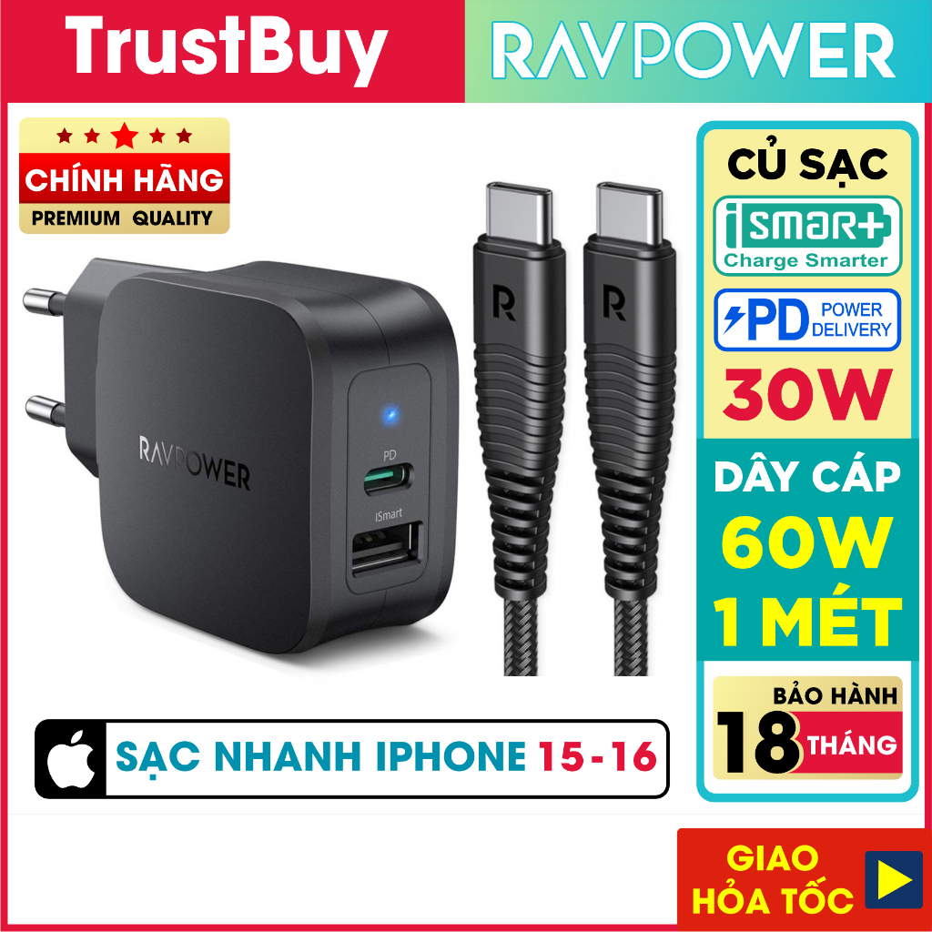 Combo Củ Sạc Nhanh 30W RAVPower PD 3.0 QC 3.0 18W RP-PC132 và Cáp Type ...