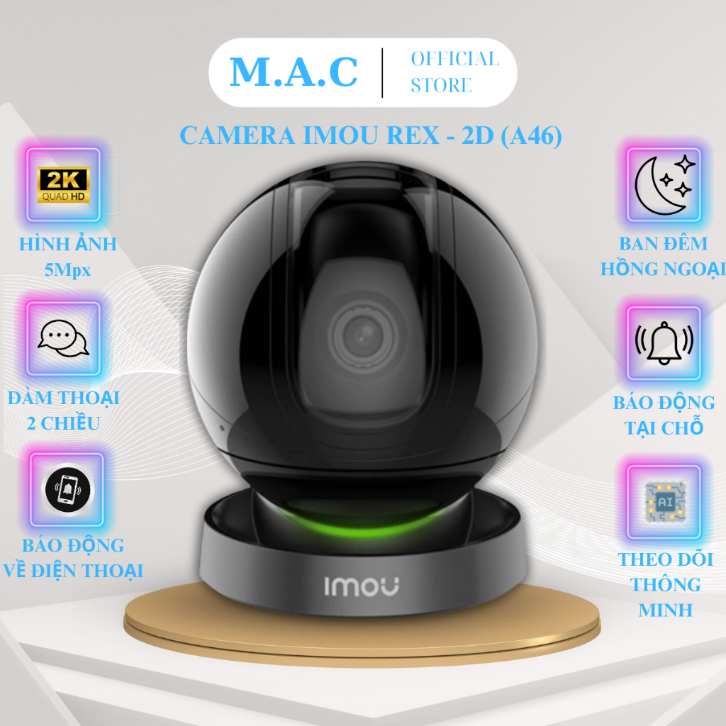 Camera Wifi Imou Rex 2d (A46), Độ Phân Giải 5mp, Xoay 360 Độ, Đàm Thoại ...