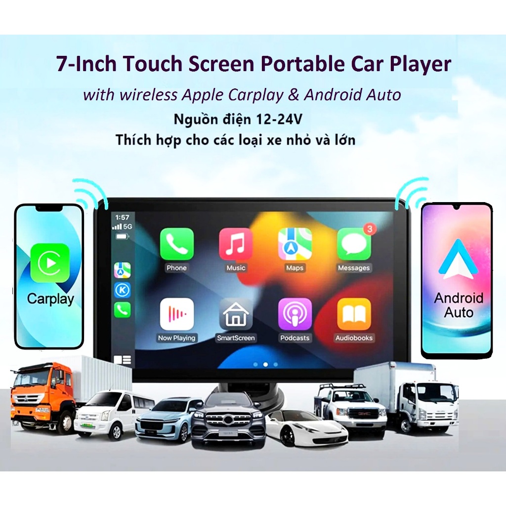 Màn Hình Trung Tâm Gắn Táp Lô 12V/24V IPS Cảm Ứng 7 Inch Wifi Bluetooth Hỗ Trợ Carplay/Android ...