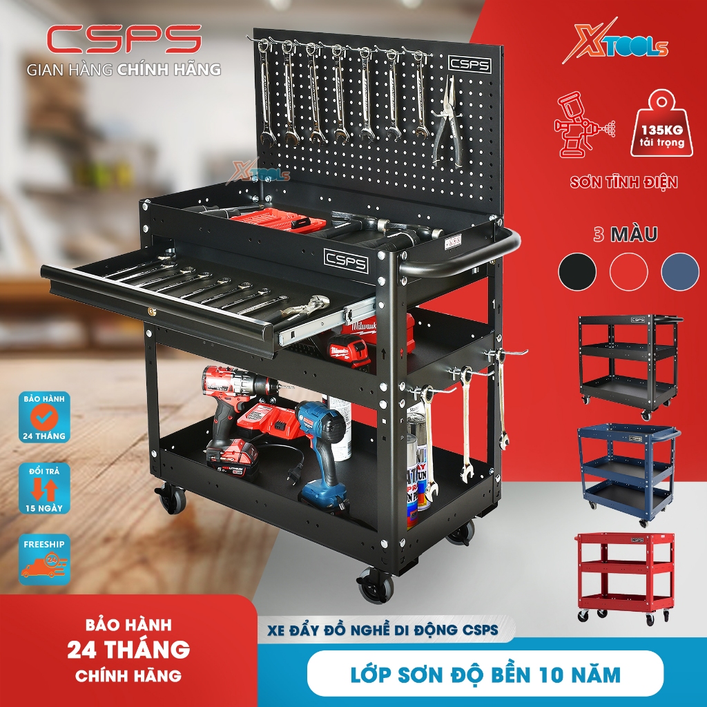 Xe đẩy 3 tầng CSPS 2 màu đen/đỏ Tủ đồ nghề di động đa năng xuất khẩu Mỹ tải 136kg 4 bánh xoay có ...