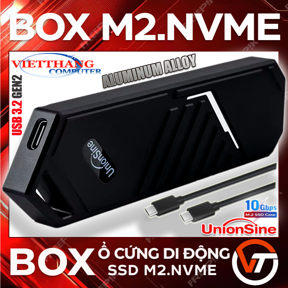 Box SSD M2.NVMe Unionsine 10Gbps USB3.2 Gen2 - 2 Cáp TypeC-TypeC/USB Nhôm Aluminum Black Led cực ...