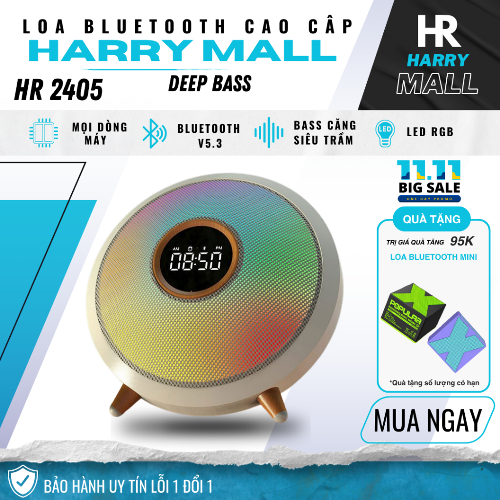 Loa Bluetooth HR S2405 Cao cấp , Đồng hồ Led hiển thị , Công suất 10w , Âm thanh chân thật ...