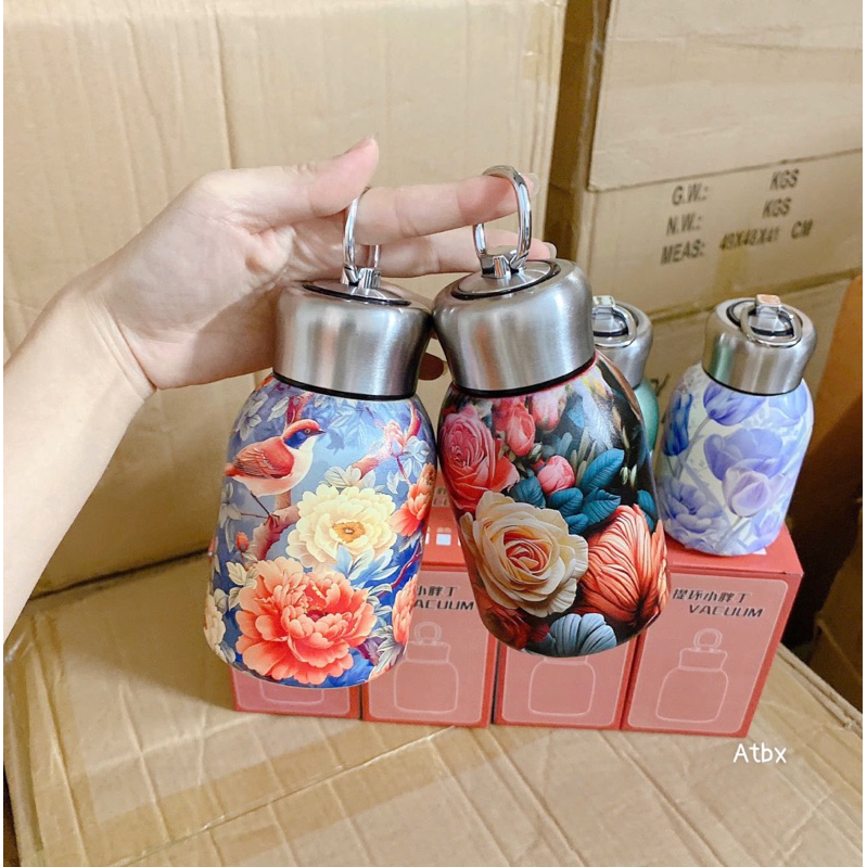 BÌNH GIỮ NHIỆT INOX 316 MINI 300ML CÓ QUAI XÁCH HỌA TIẾT HOA VINTAGE TẠI AQ | Shopee Việt Nam