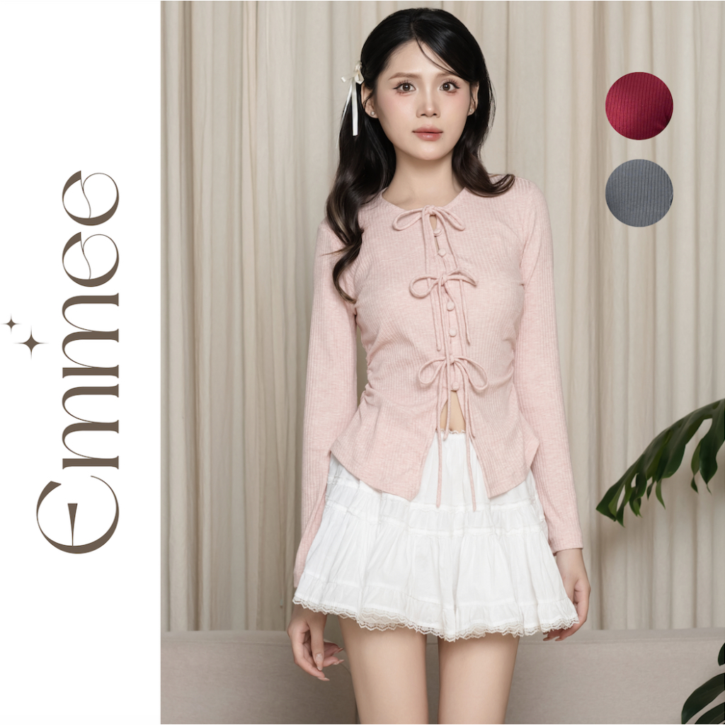 Emmee - Ella shirt Áo len tăm chiết eo đính nơ hot trend, nhún eo hồng ...
