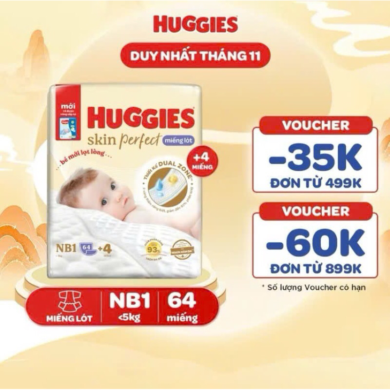Miếng lót sơ sinh Huggies Skin Perfect NB1 64+4/ 108+9 miếng /NB2 với 2 vùng thấm giảm kích ứng ...