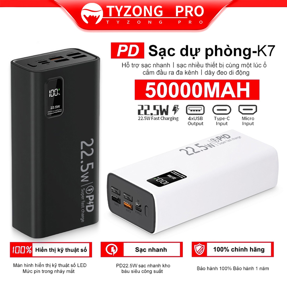 sạc dự phòng pd22.5w tyzong pro k7 10000mah 30000mah 50000mah pin dự phòng màn hình led tích hợp ...