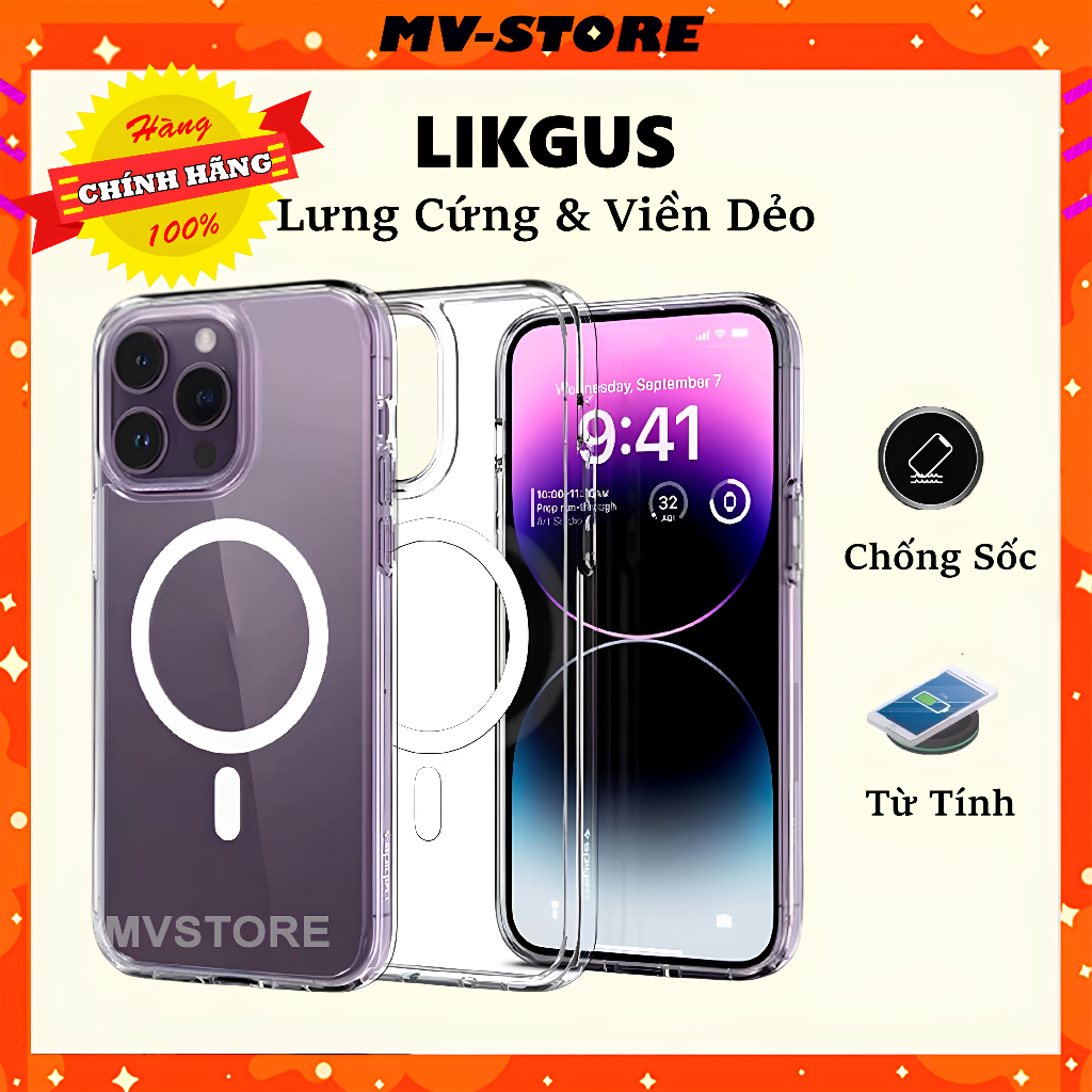 Ốp lưng Likgus Crystal Clear Case trong suốt từ tính hỗ trợ sạc không ...