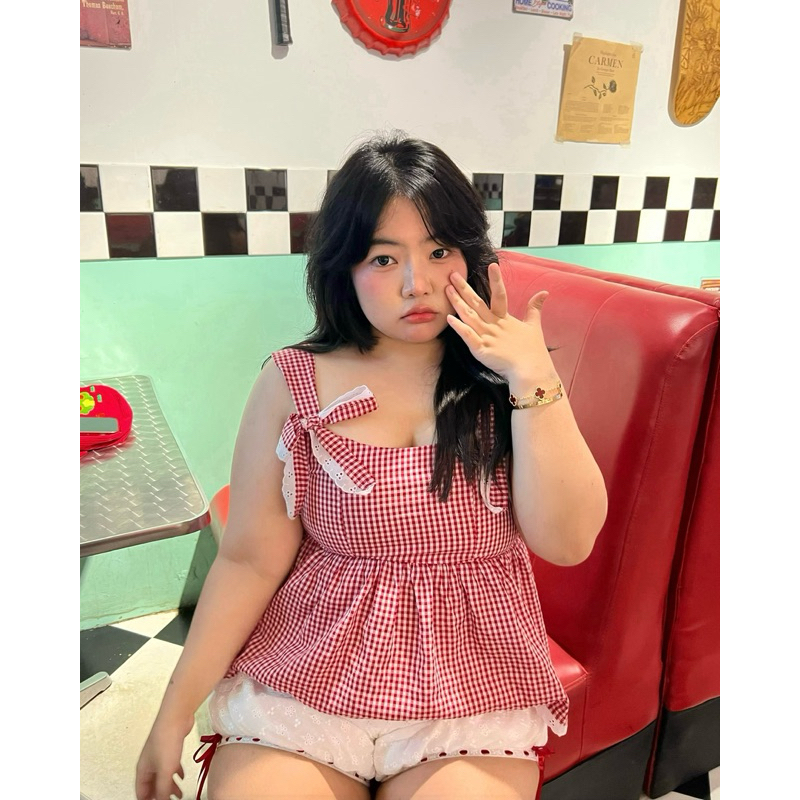 (60-75kg) Áo caro đỏ phối nơ ren bigsize Bạch Tuyết | Shopee Việt Nam